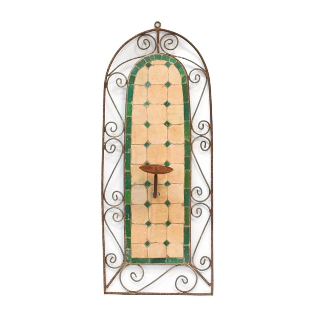 Terracotta Tile Wall Sconce With Candle Cup Green Accents | Chairish