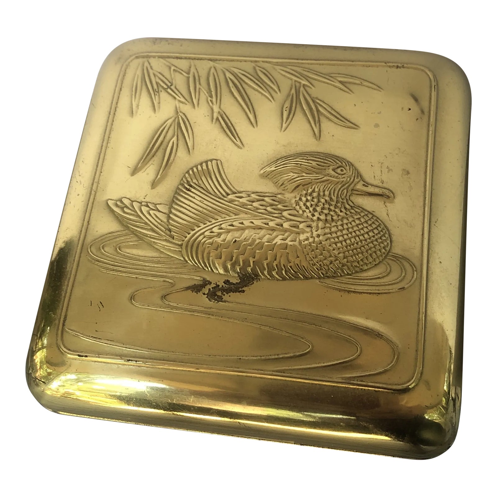 1970s Gold Tin Box with Duck Carving Top | Chairish