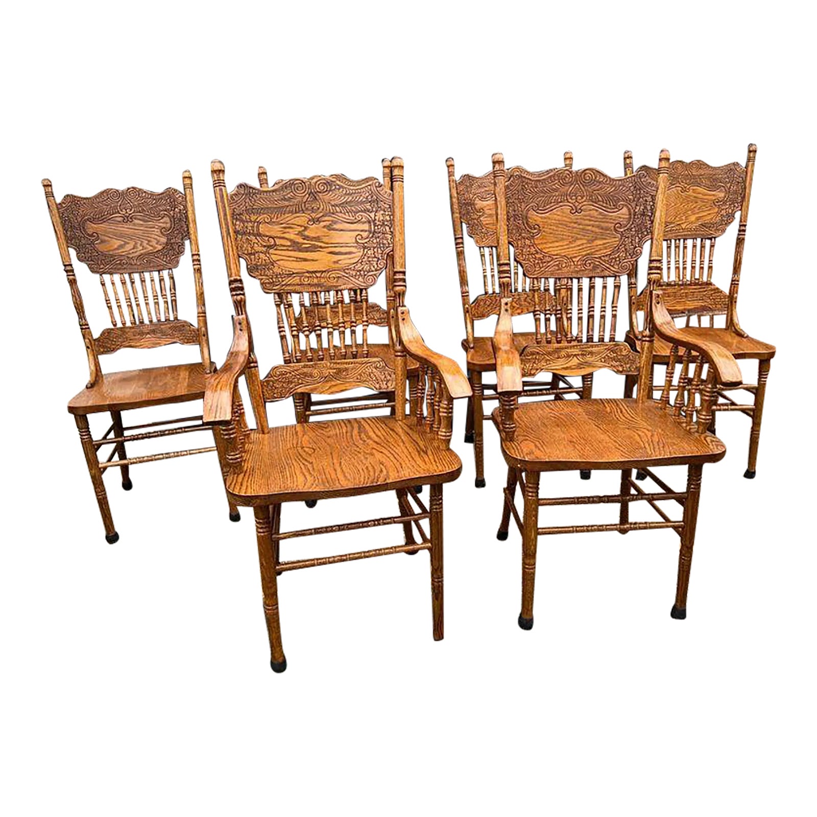 Mid 20th Century Set of Six Vintage Solid Oak Press Back Carved Dining ...