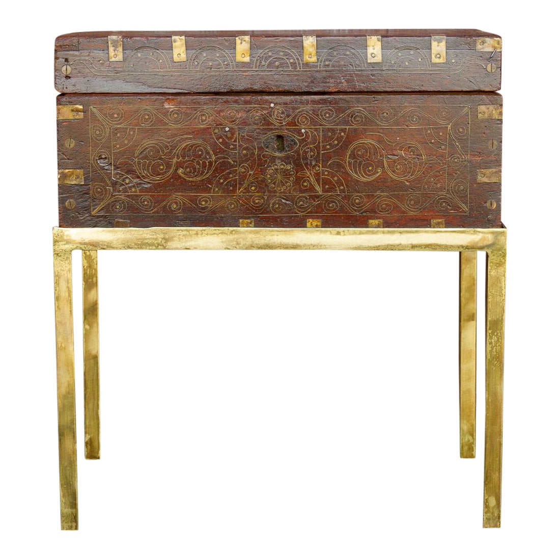 19th Century Brass Inlaid Cash Box on Stand | Chairish