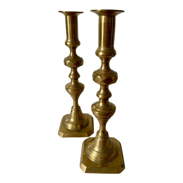 19th Century English Brass Diamond and Beehive Push-Up Candlesticks ...
