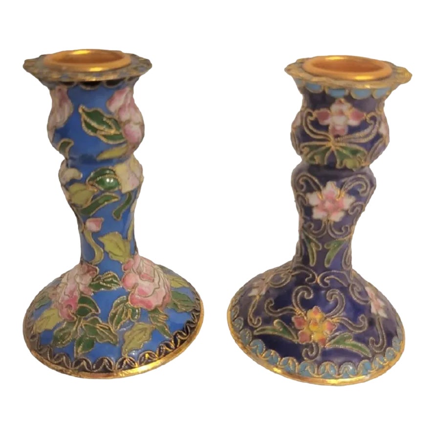 Vintage Cloisonne Navy Blue Light Blue Pink Gold Inlaid Candle Stick ...