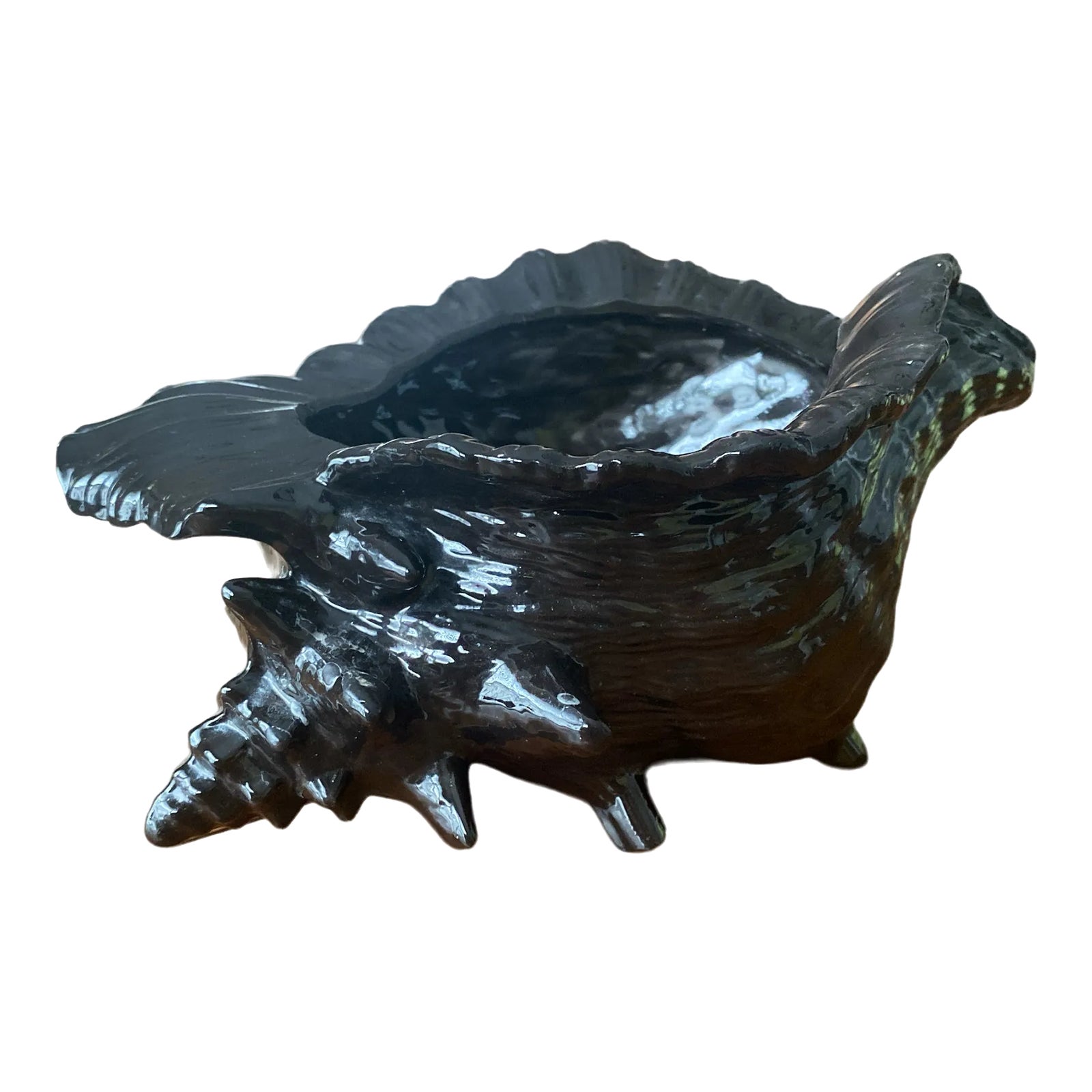 1980s Large Black Ceramic Conch Shell Footed Planter Cache Pot | Chairish