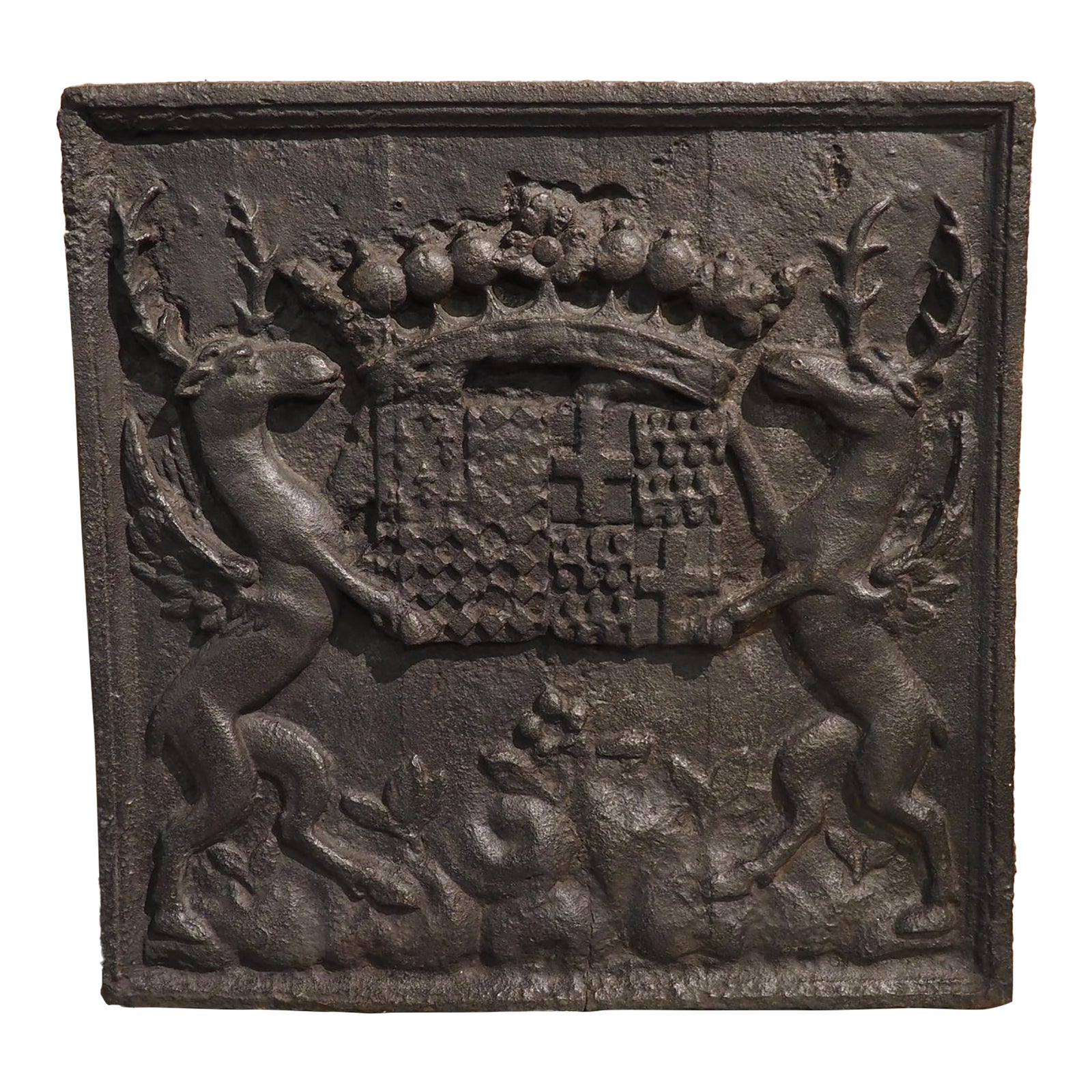 Antique French Alliance Coat of Arms Fireback With Rampant Stags, Circa ...