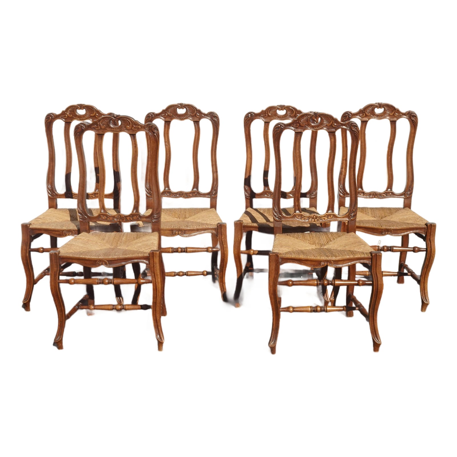 Set of Six Vintage French Country Brown Rush Dining Chairs | Chairish