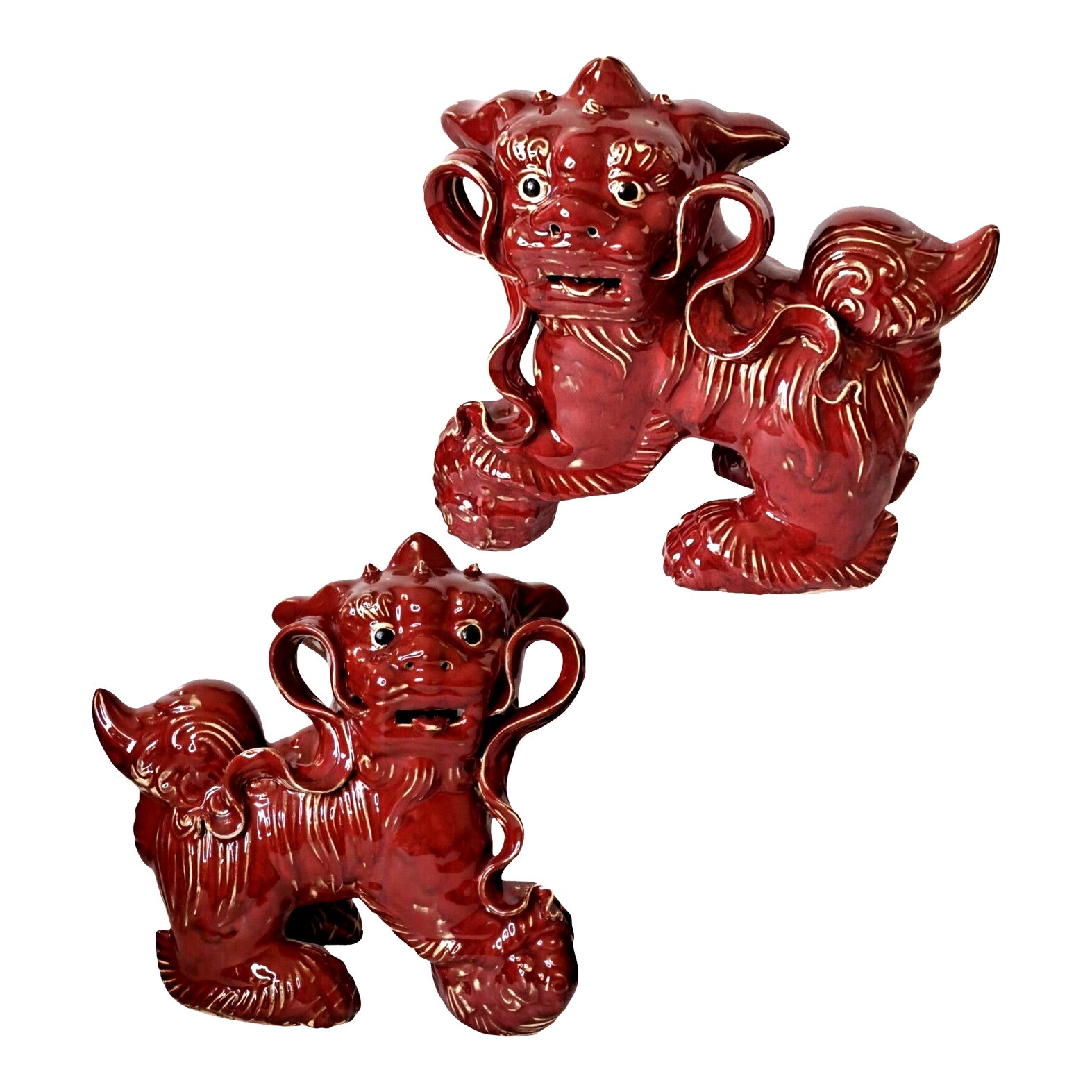 Vintage Red Glazed Porcelain Foo Dog Statues - Set of 2 | Chairish