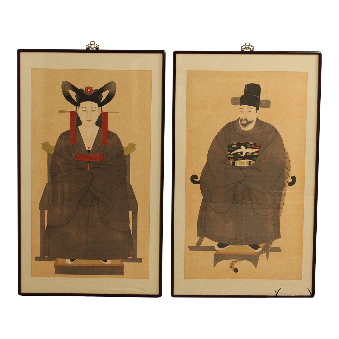 Pair of Antique Korean Ancestor Portraits Large Scroll Painting, Custom ...
