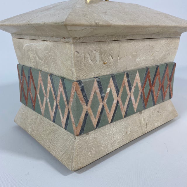 Inlaid Stone Box With Inlay Pattern and Brass Handle | Chairish