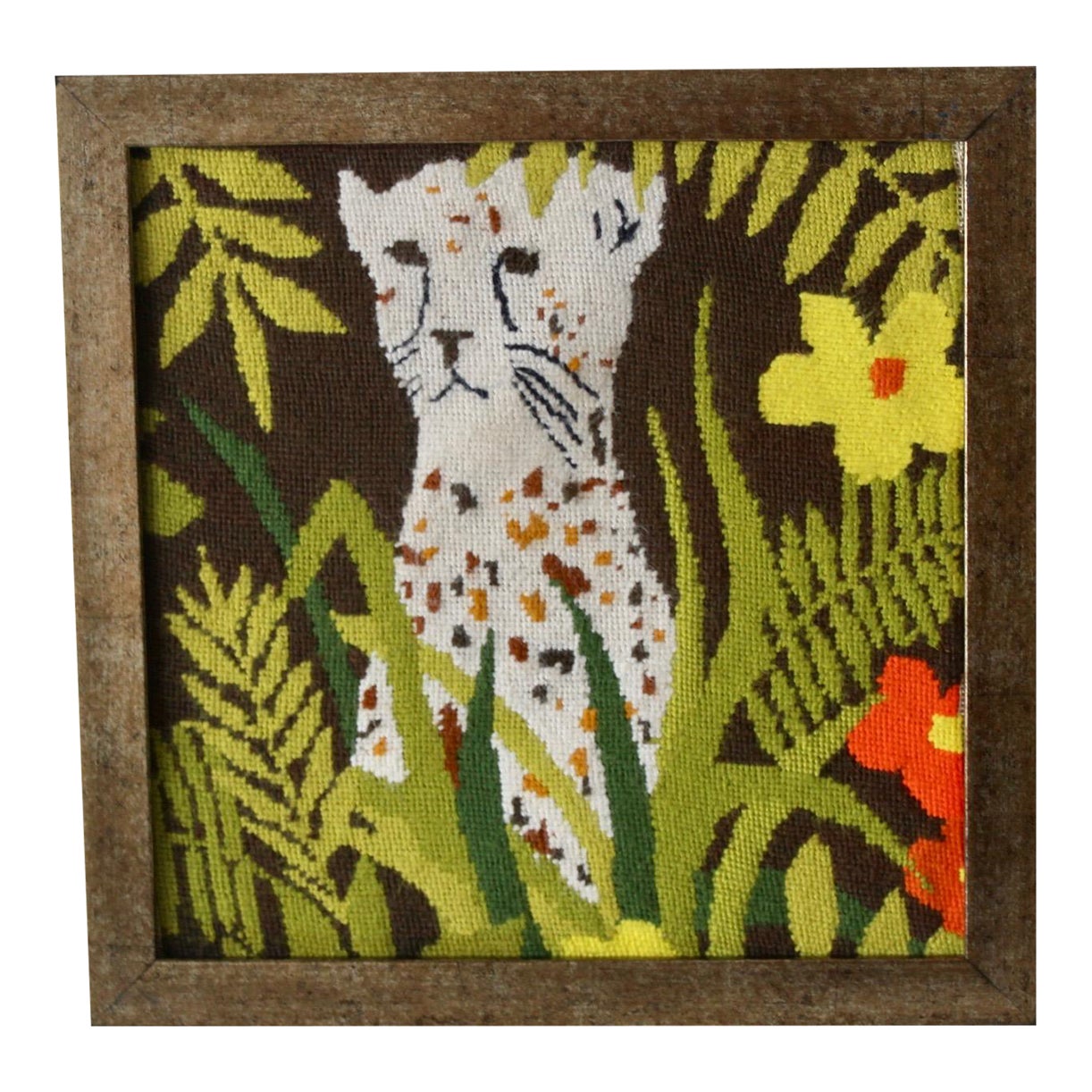 1970's Vintage Jungle Leopard Framed Needlepoint | Chairish