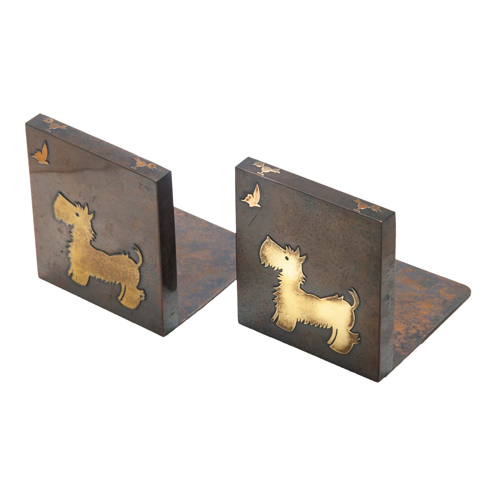 1930s Silvercrest Bronze & Brazed Brass Scotty Bookends With Walnut ...