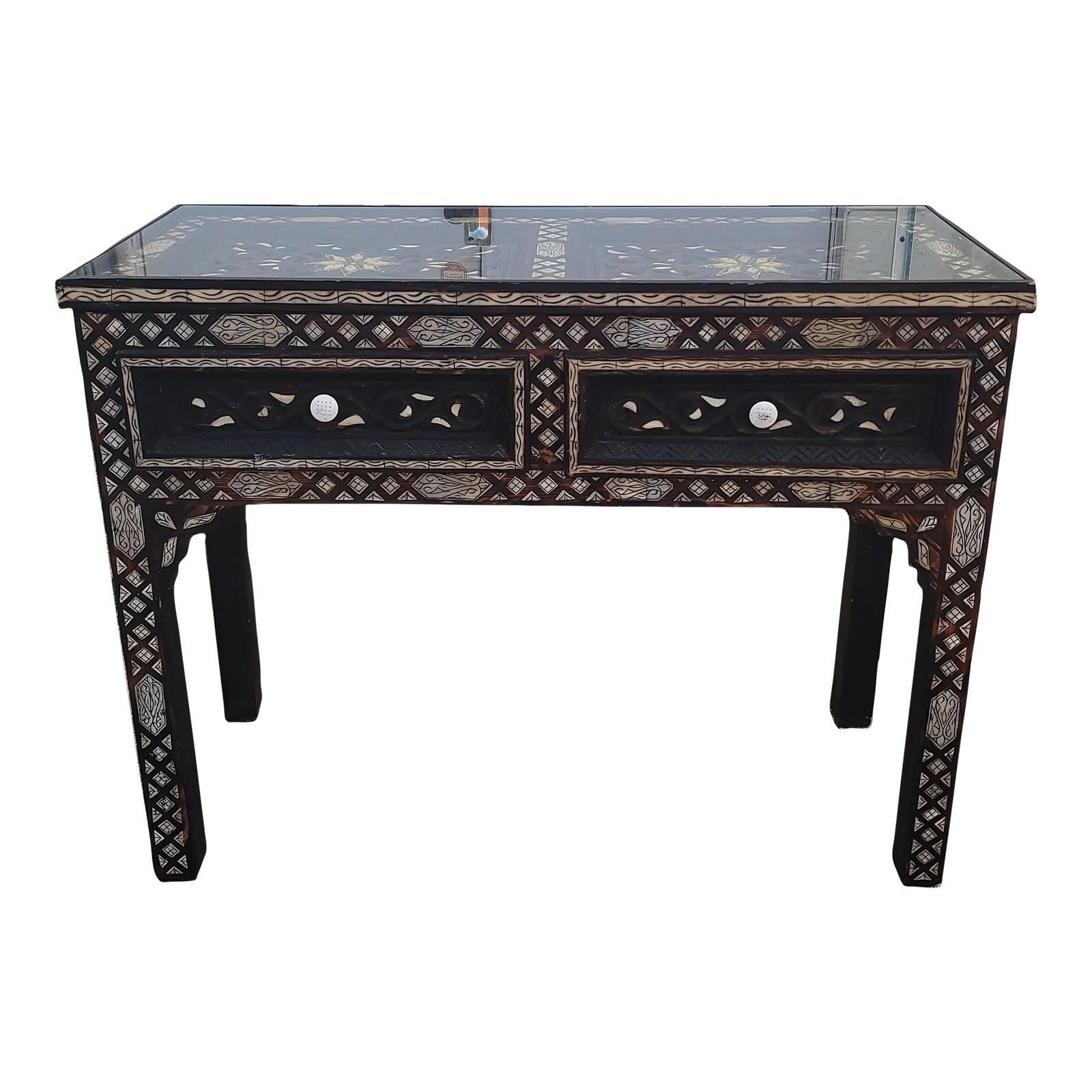 Moroccan Cedar Wood Console Table with Resin Decoratif Fragments | Chairish