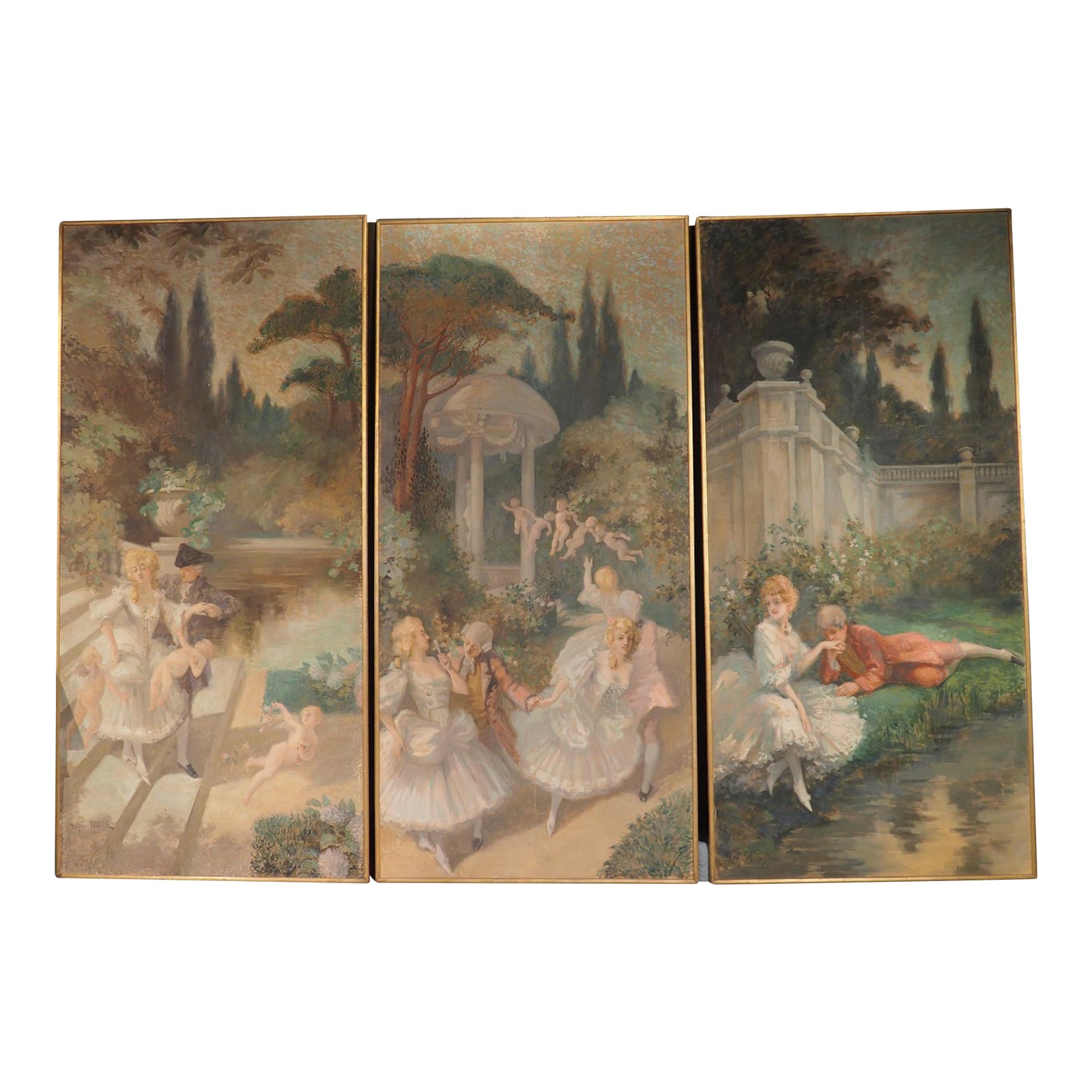 Large Scale French Fête Galante Triptych Painting by Arthur Foache ...