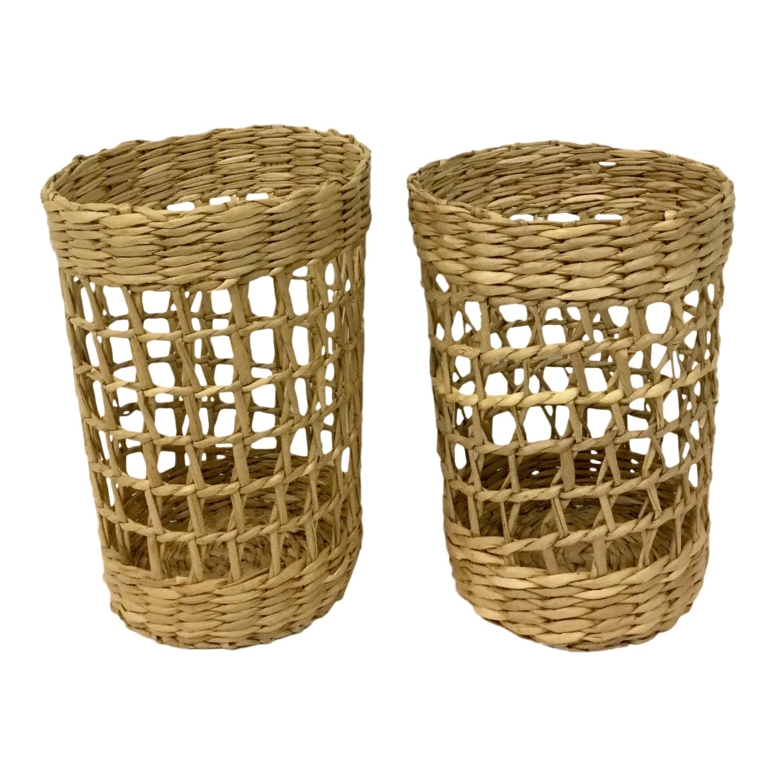 Vintage Rattan & Glass Holders - A Pair | Chairish