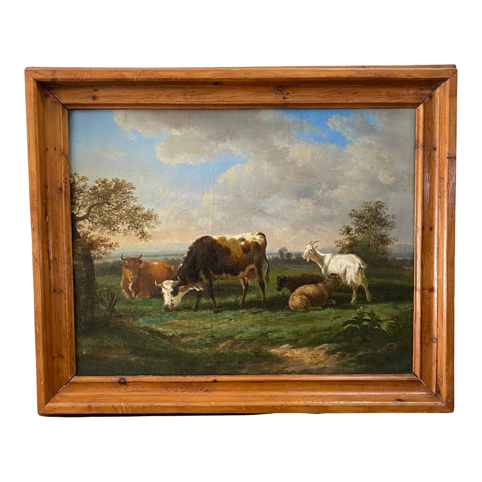 French Realist Oil on Canvas Cow, Goat Livestock Pastoral Painting ...