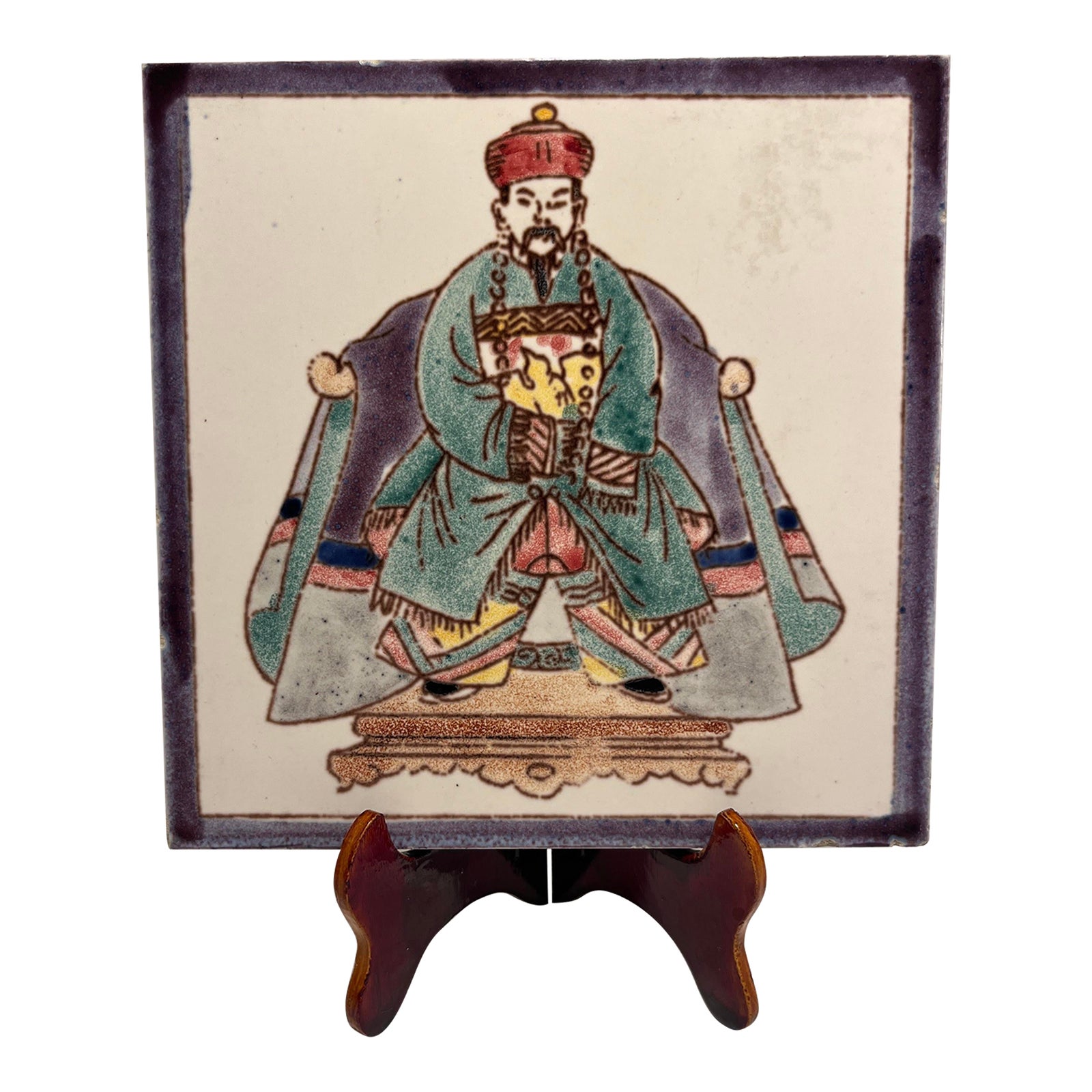 Vintage Chinese Hand Painted Emperor Glazed Ceramic Tile | Chairish
