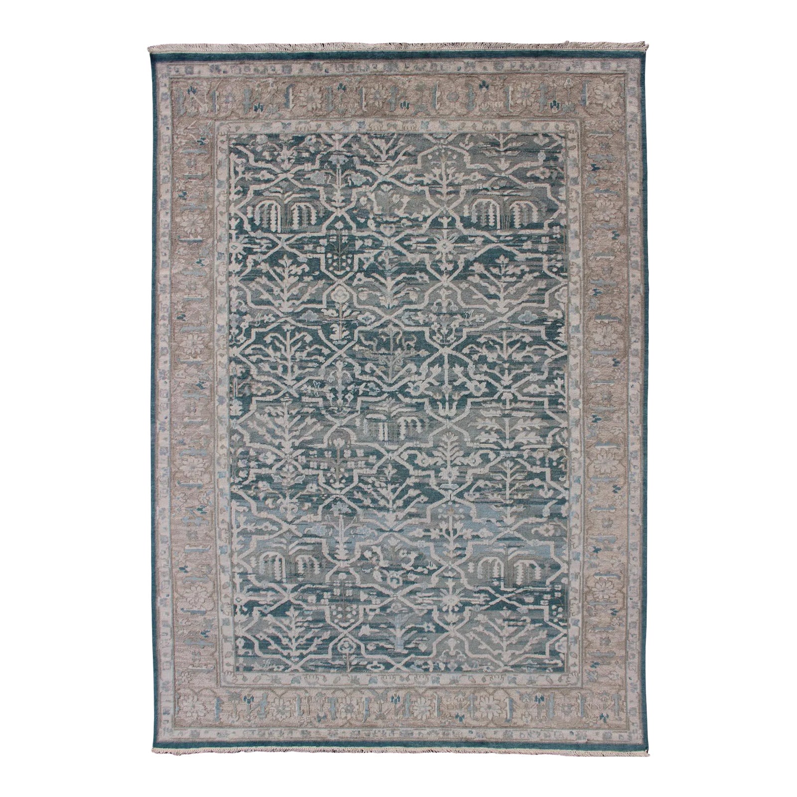 Modern Khotan Rug With Geometric Design in Teal Green/Blue Background ...