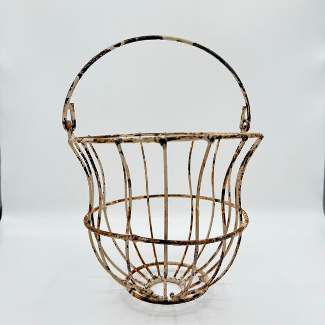 Vintage Chippy White Wire Egg Gathering Basket With Swing Handle | Chairish