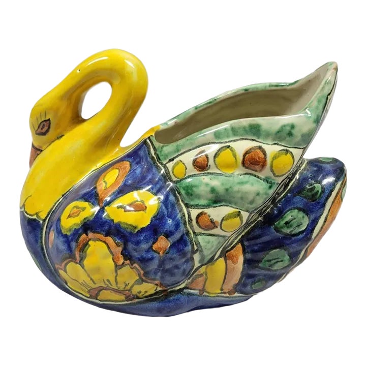 Vintage Hand Painted Pottery Swan Planter | Chairish