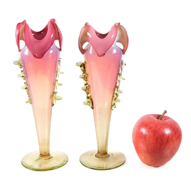 Pair, Stevens & Williams Vaseline & Rubina Art Glass Vases | Chairish