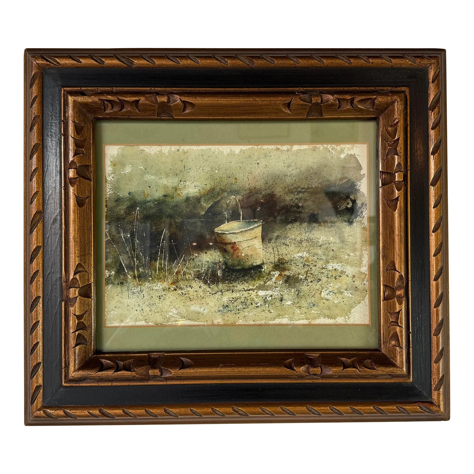 70's Vintage Bucket - Landscape Watercolor Painting, Framed | Chairish