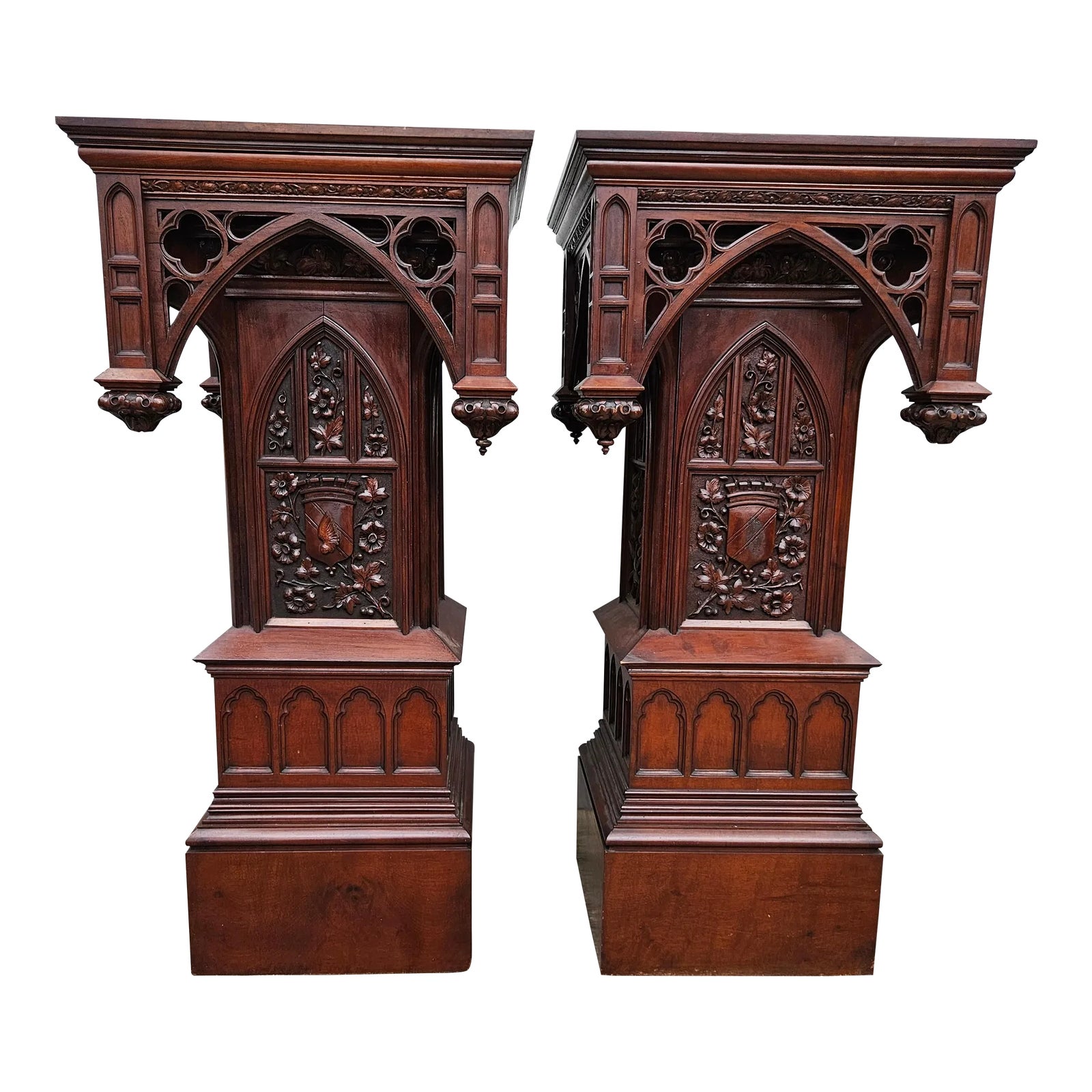 Pair Antique French Victorian Carved Gothic Revival Pedestal Tables ...
