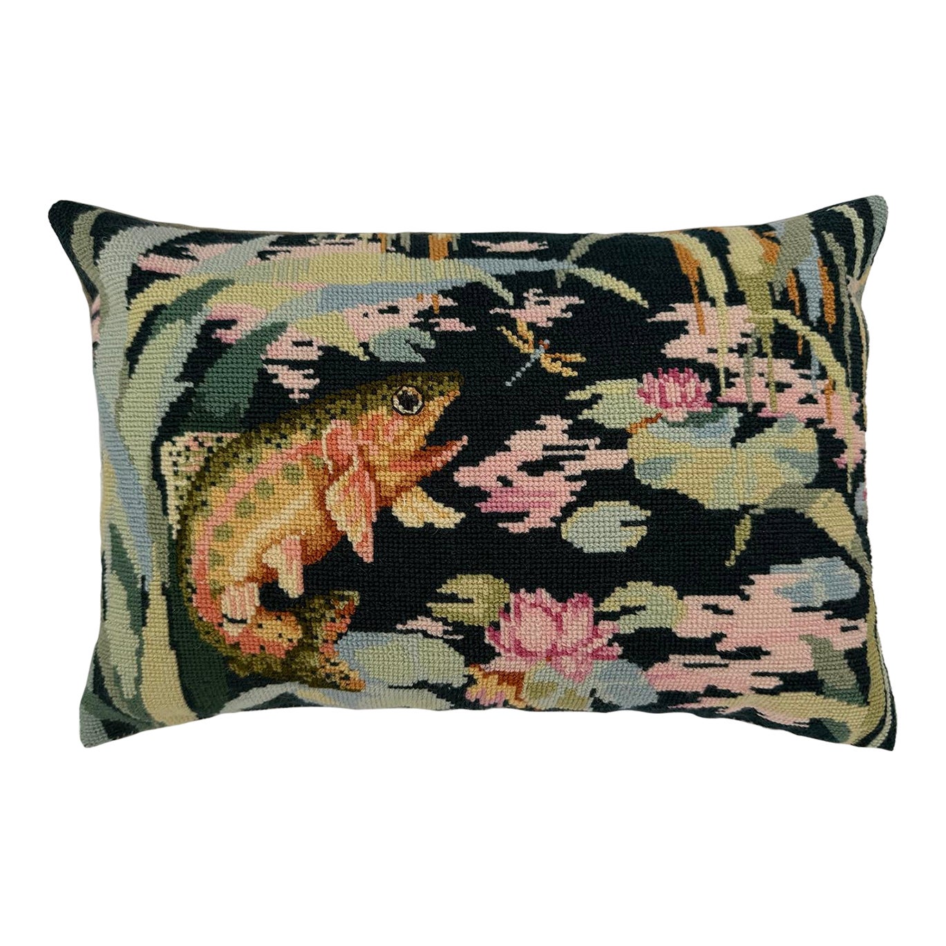 Handmade Needlepoint Trout Fly Fishing Pillow | Chairish