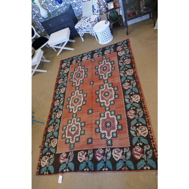 Antique Turquoise & Pink Floral Rug- 6′6″ × 9′7″ | Chairish