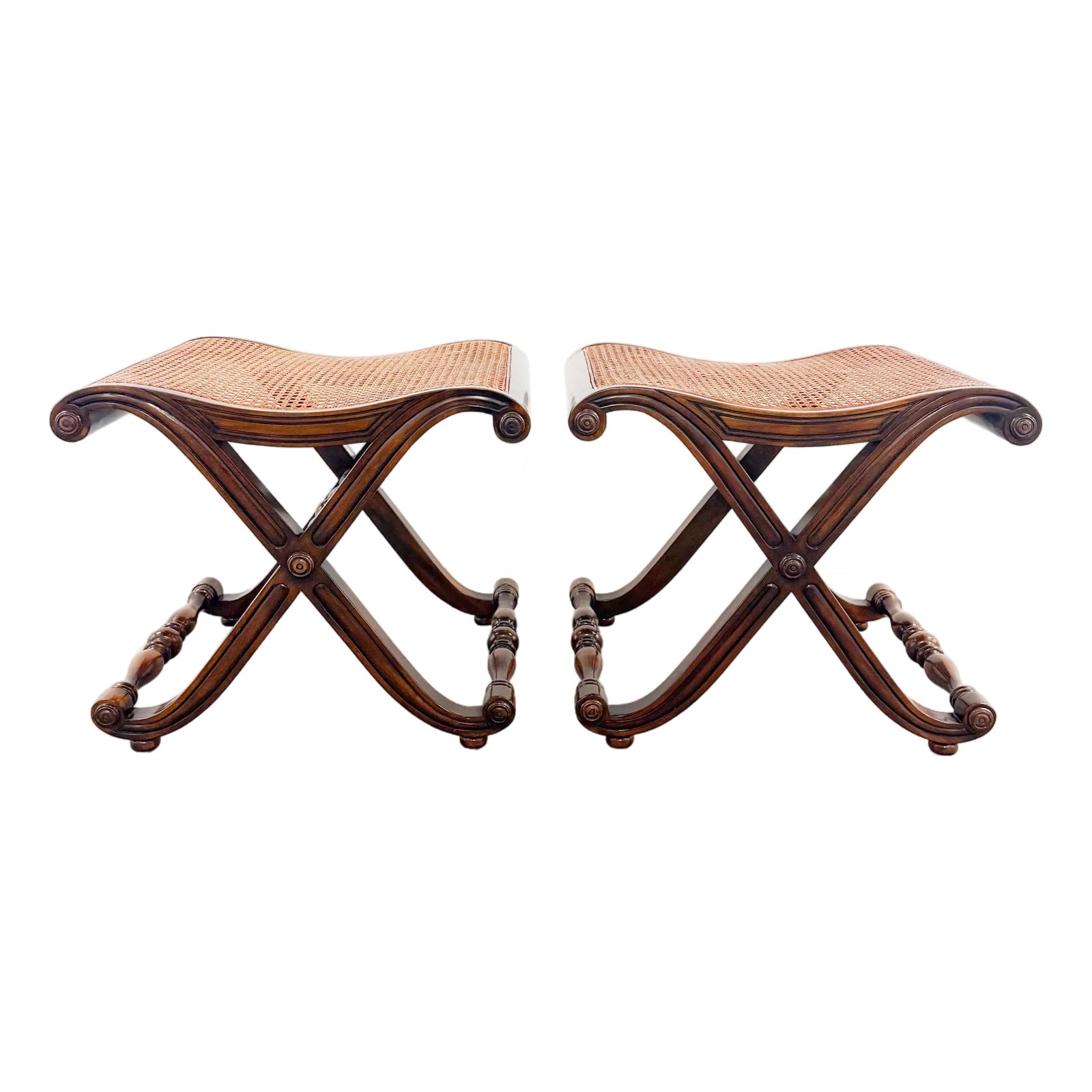 Late 20th Century Regency Campaign-Style X-Base Cane Stools in the ...