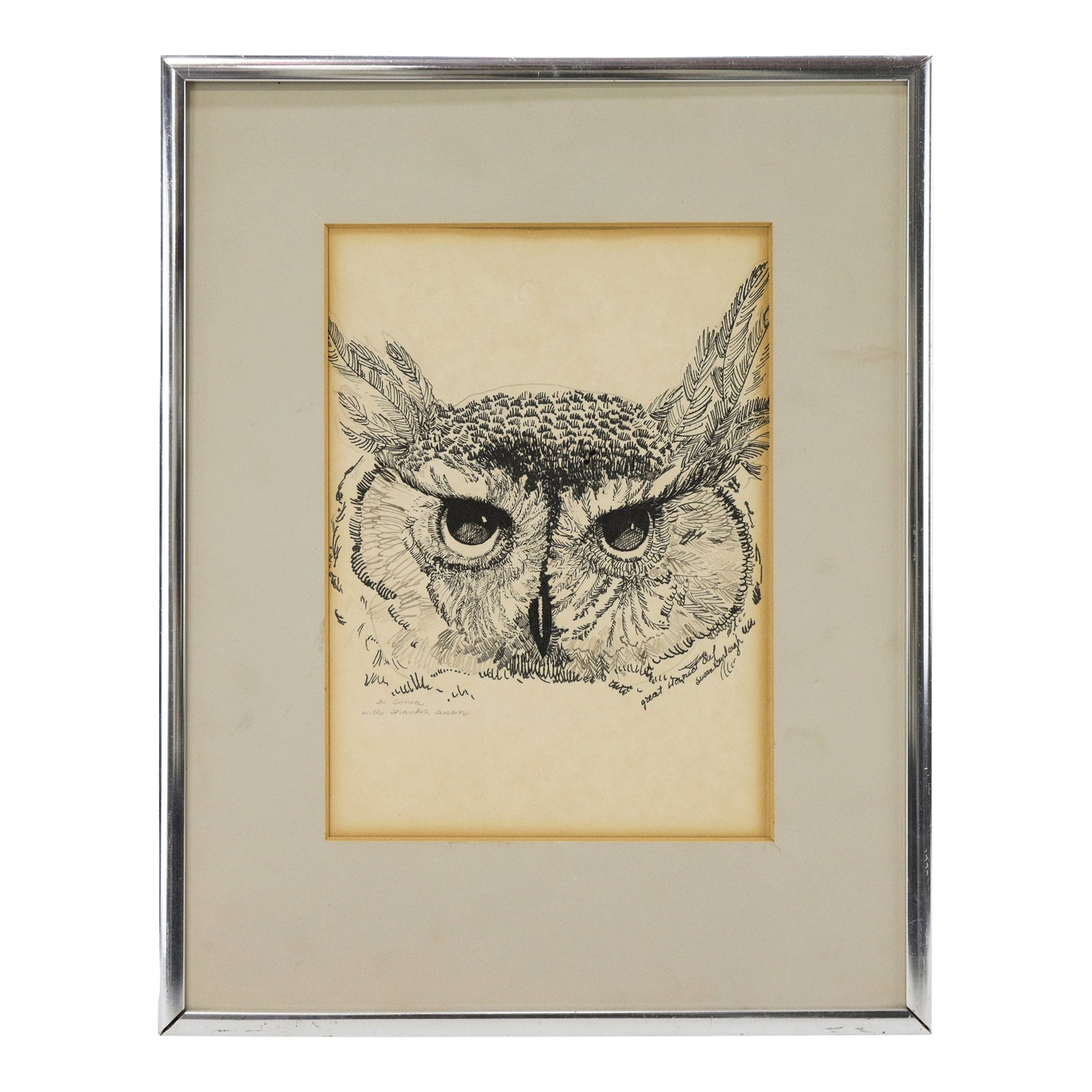 Vintage Pen and Ink Owl Drawing in Silver Frame | Chairish