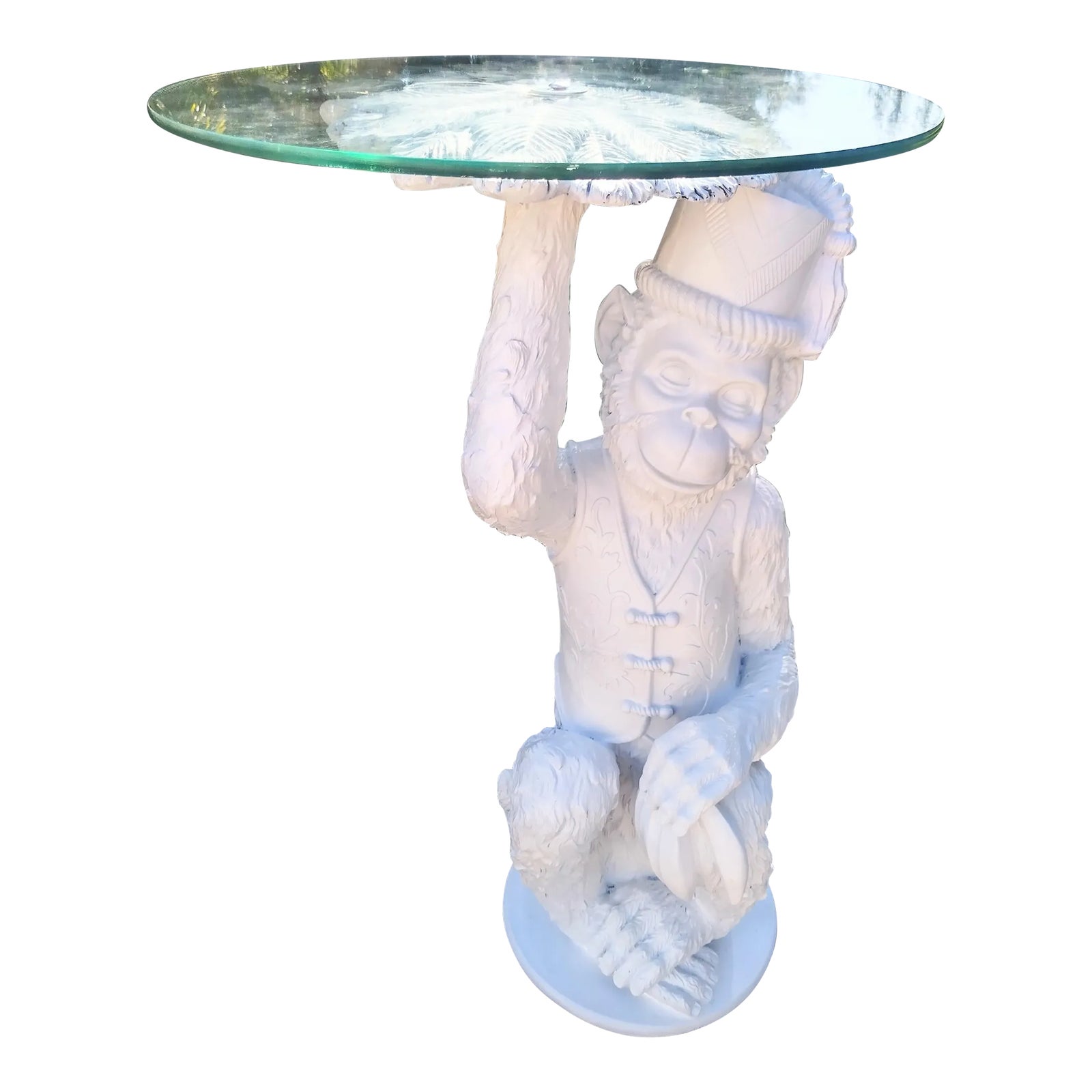 Vintage Large Monkey White Gloss Palm Beach Regency Glass Top Side ...