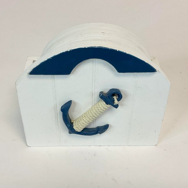 1990s Coastal Chic Wooden Sailboat Coasters With Anchor Motif Caddy Set ...