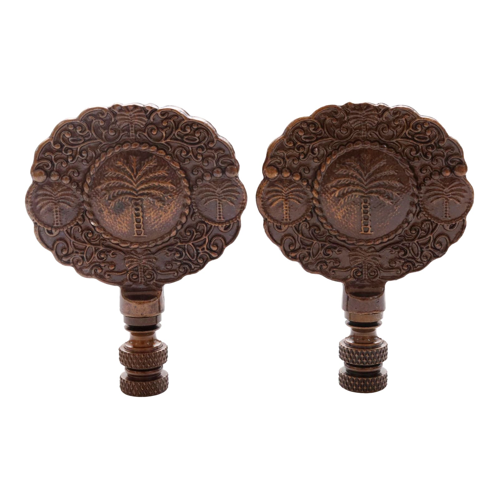 Antiqued Brass Medallion Palm Tree Lamp Finials - a Pair | Chairish