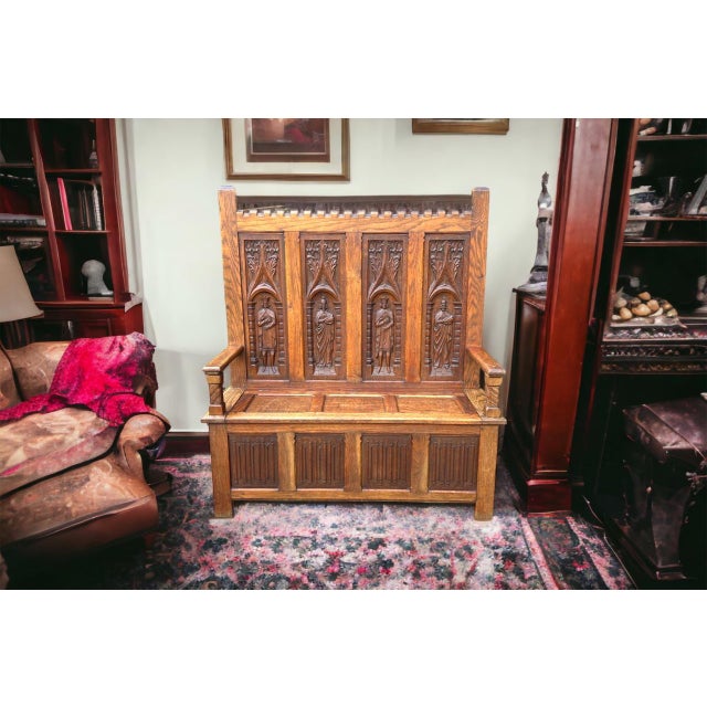 Late 19th Century Antique French Carved Oak High Back Gothic Hall Bench ...