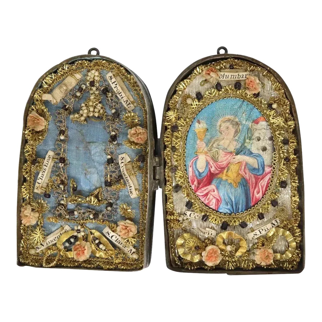 Italian Brass Cased Beaded Metallic Thread Portable Saint Relic Case ...