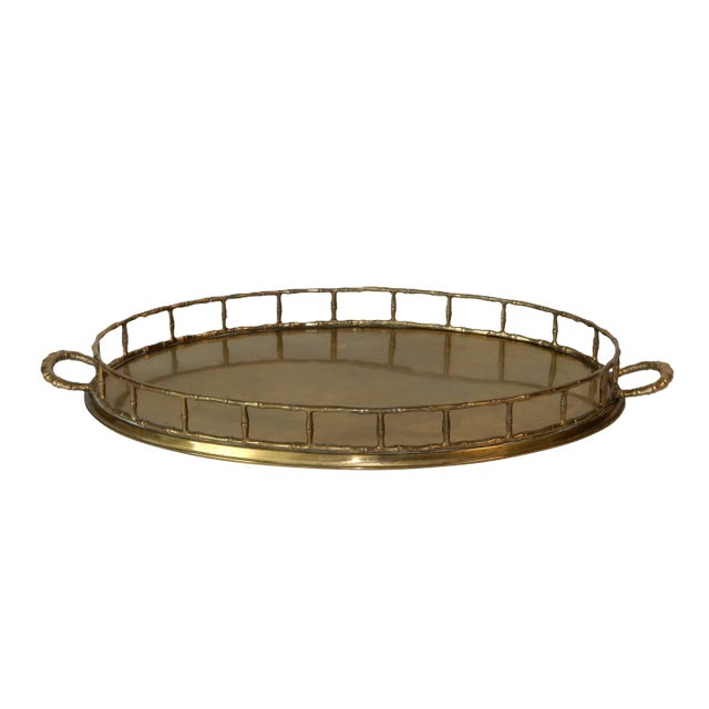 Large Vintage Brass Faux Bamboo Serving Tray | Chairish