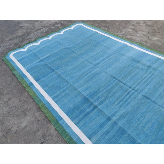Handmade Cotton Vegetable Dyed Scalloped Edge Rug Teal Blue With Cream ...