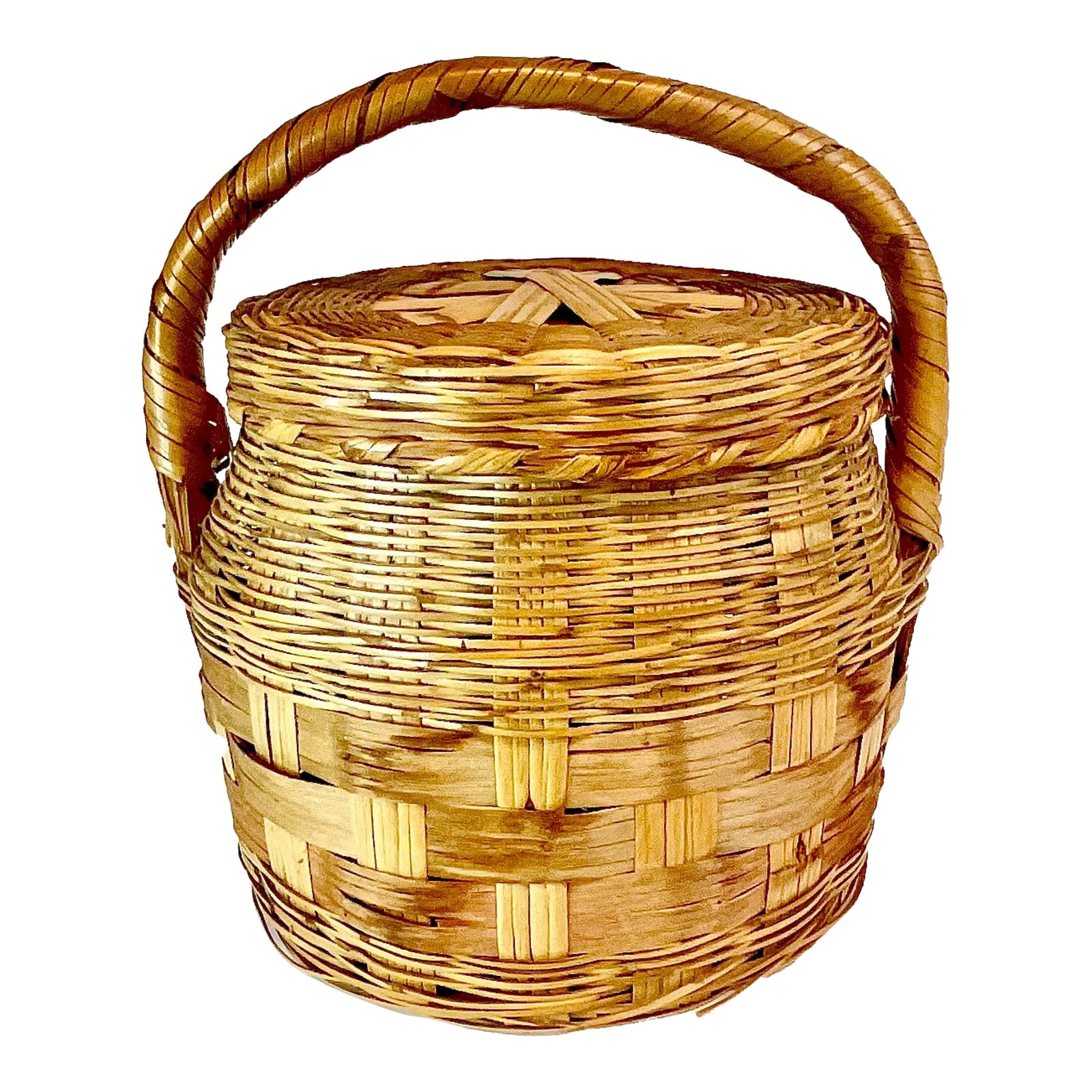 1940-50s Vintage French Boho Chic Lidded Storage Basket. | Chairish