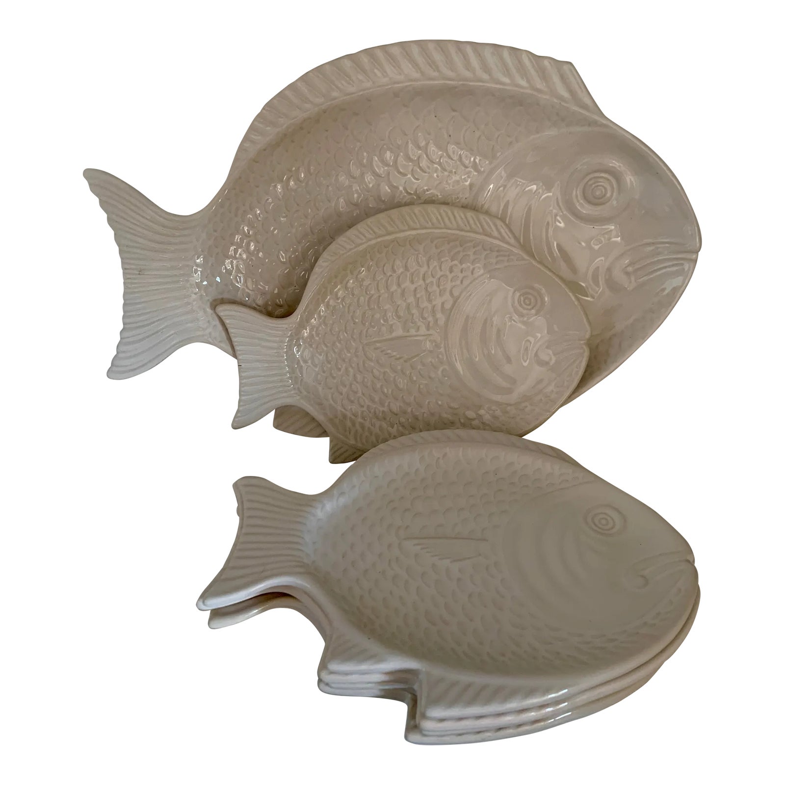 Secla Portugal White Fish Plates & Platter - Set of 6 | Chairish