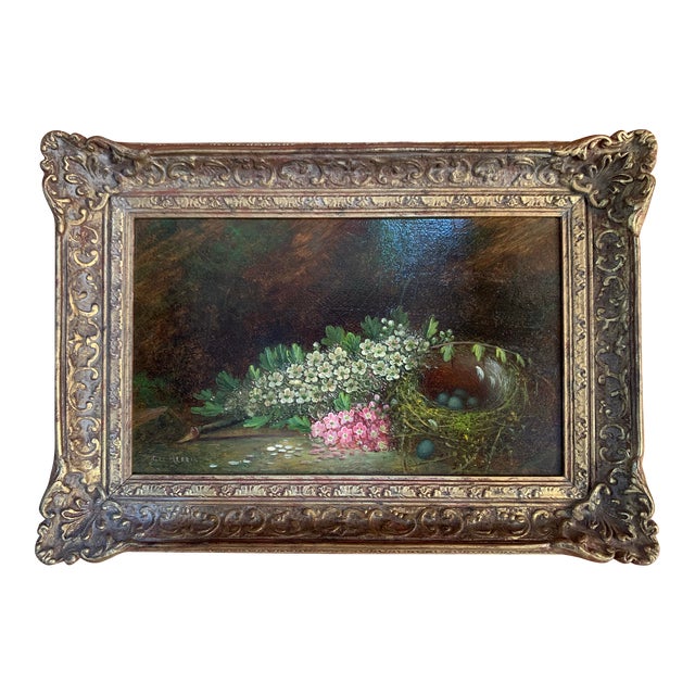 19th Century Still Life ‘Bird’s Nest With Flowers’ Oil Painting on Board by British Artist ...
