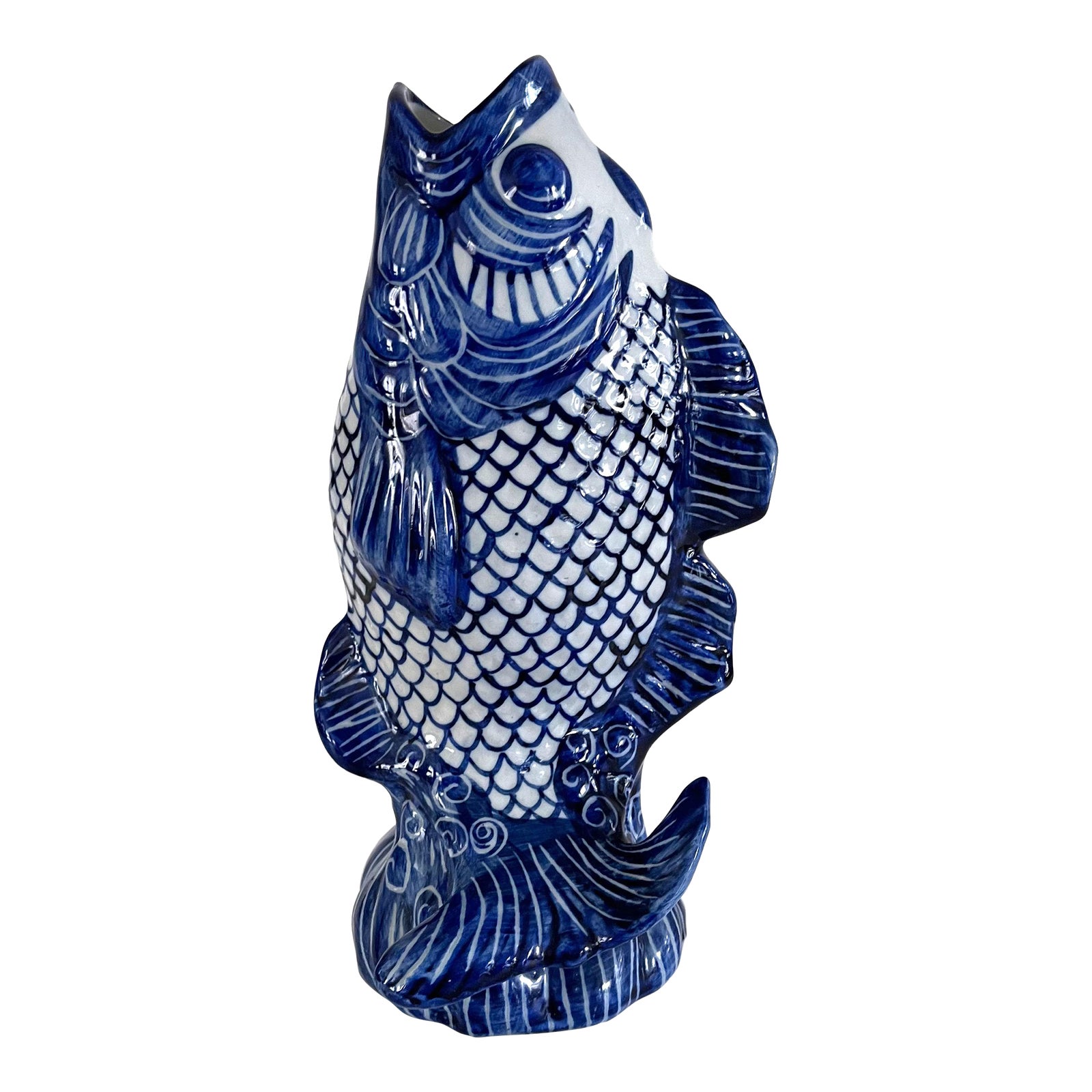 Blue and White Ceramic Gurgling Fish Vase | Chairish