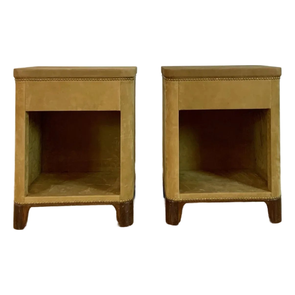 Mid-Century Suede Upholstered Square Side Tables—A Pair | Chairish