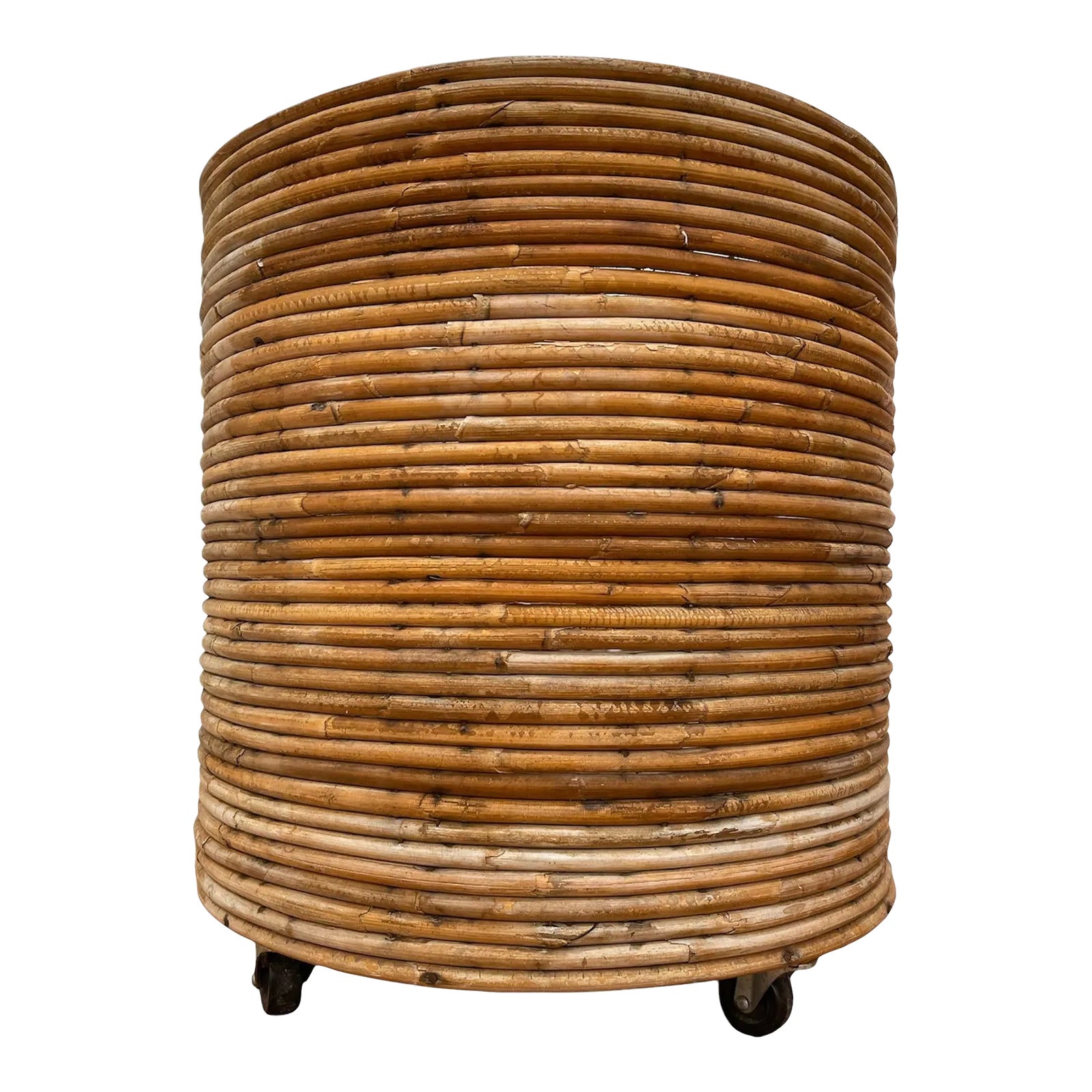 Italian Pencil Reed Rattan Bamboo Planter on Wheels | Chairish