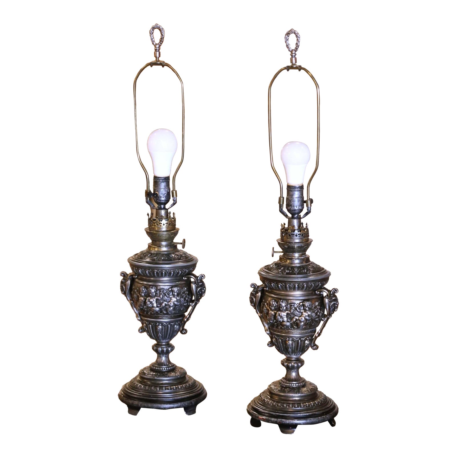 Pair of 19th Century French Polished Repousse Urn-Shaped Table Oil ...