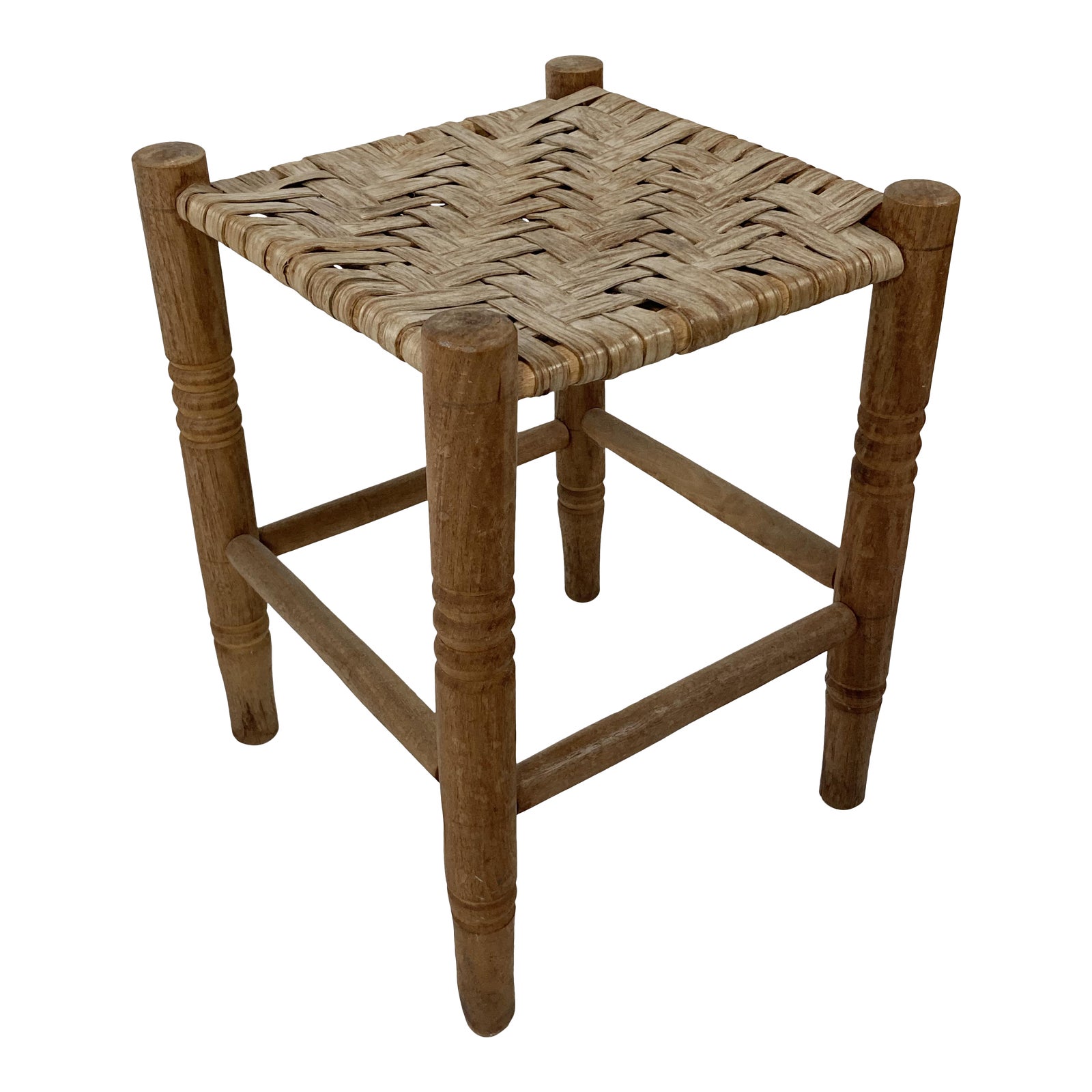 Turned Wood and Woven Rattan Foot Stool | Chairish