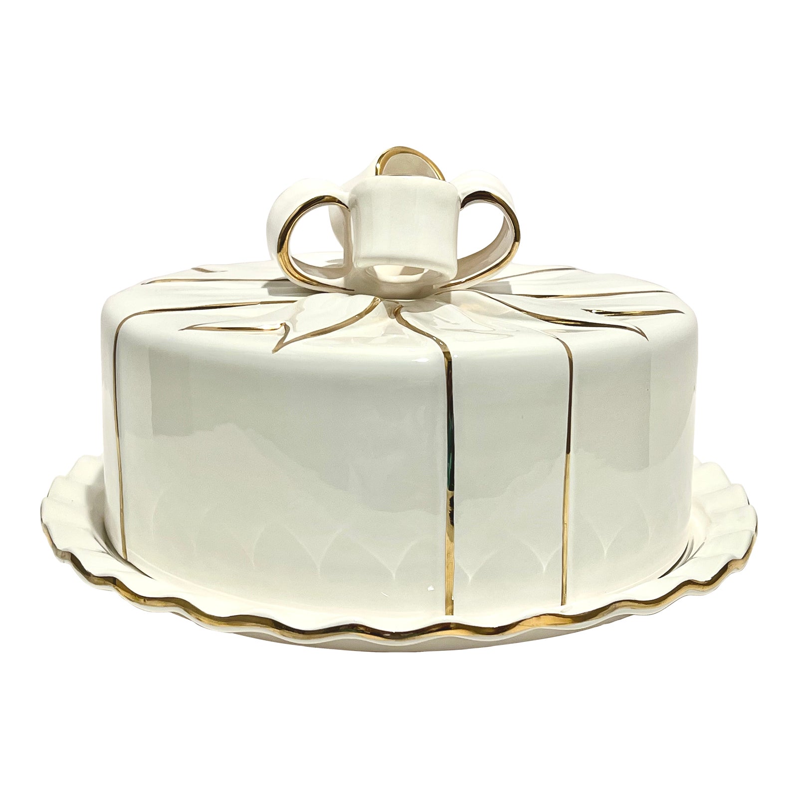 Vintage Portuguese Ceramic Cake Dome & Plate – Gift Box Bow Lid – White ...