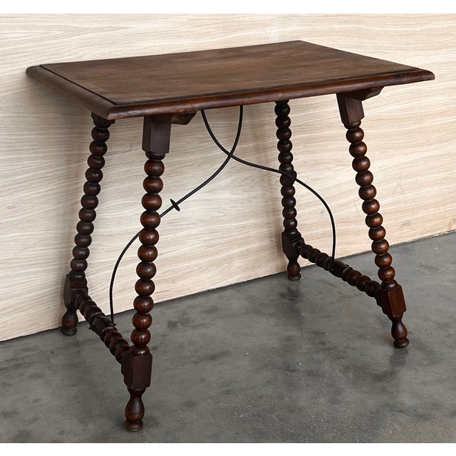 19th Spanish Side Table With Cared Turned Legs and Iron Stretcher ...