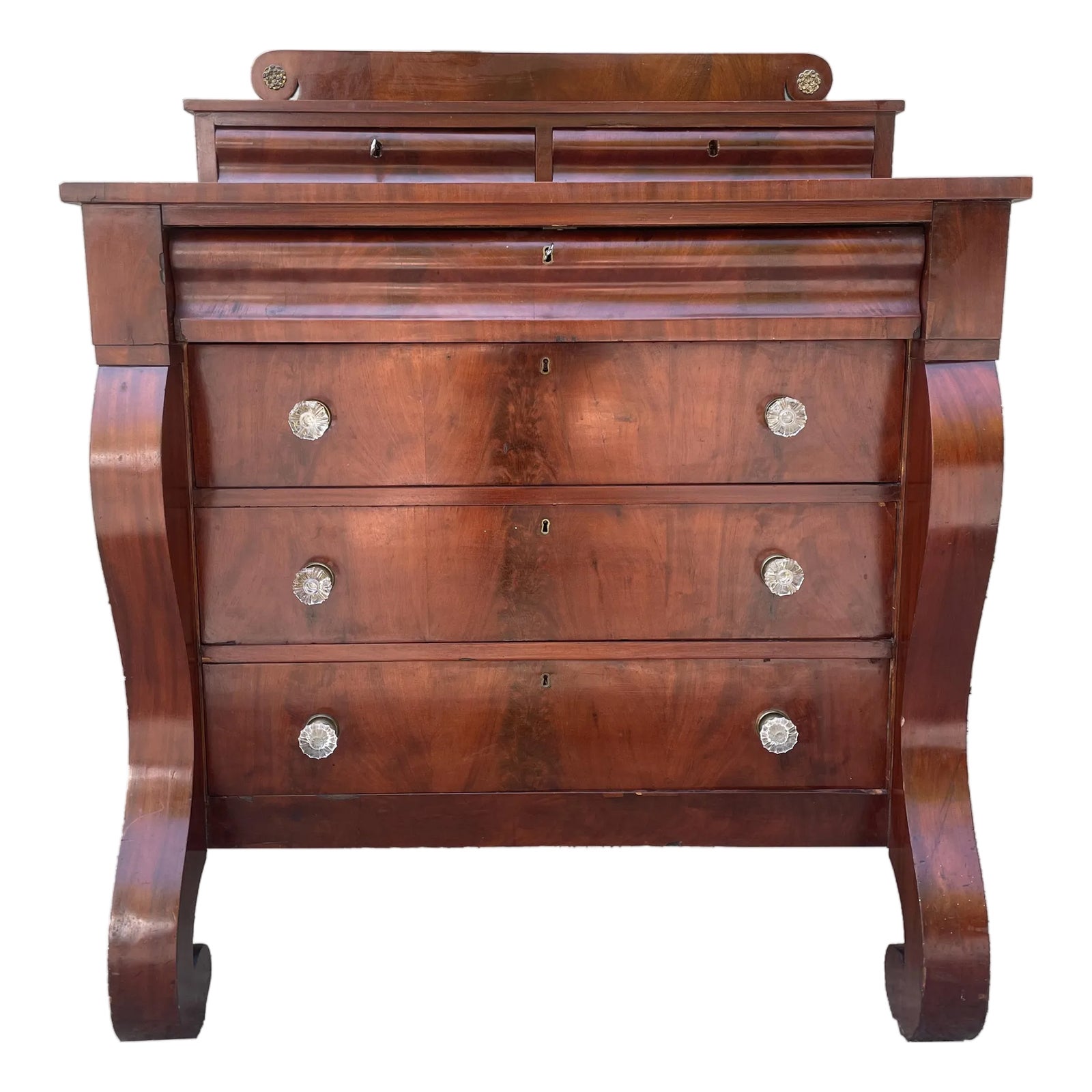 Late 1800s Empire Style Crotch Mahogany 6-Drawer Dresser With Original ...