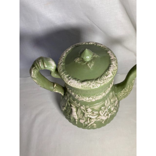 Vintage Green Raised Relief Pottery Ceramic Pitcher with Lid | Chairish