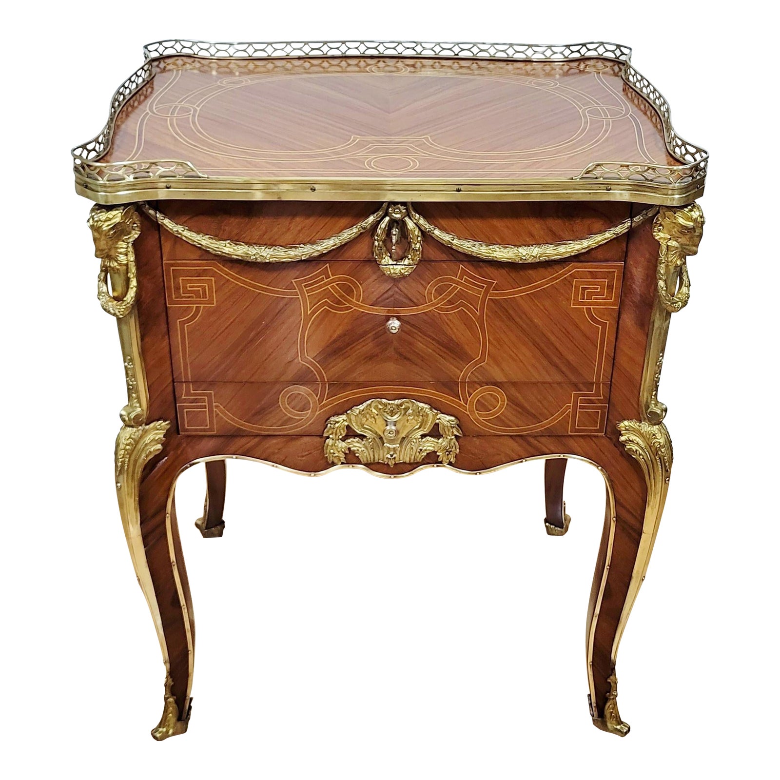 Antique French Louis XV Style Inlaid & Bronze Ram Head Commode Desk ...