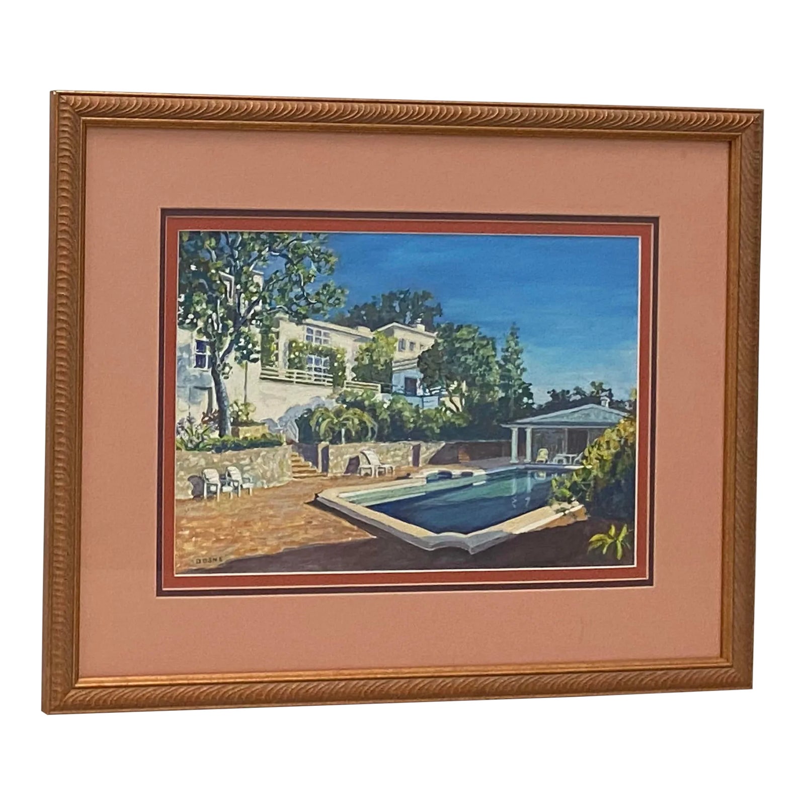 Vintage "Backyard Pool" Original Gouache Painting by Dosne | Chairish